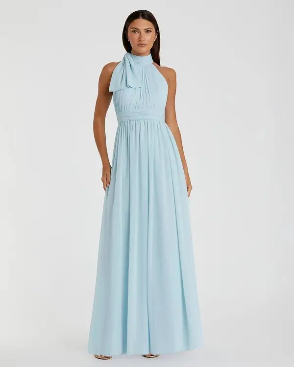 Mac Duggal High Neck Chiffon Gown With Bow Detail - Blue