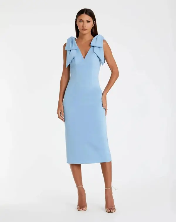 Mac Duggal Bow Shoulder Midi Dress - Blue | Editorialist