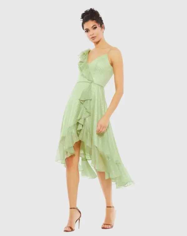 Mac Duggal Ruffled Faux Wrap Polka Dot Midi Dress - Green