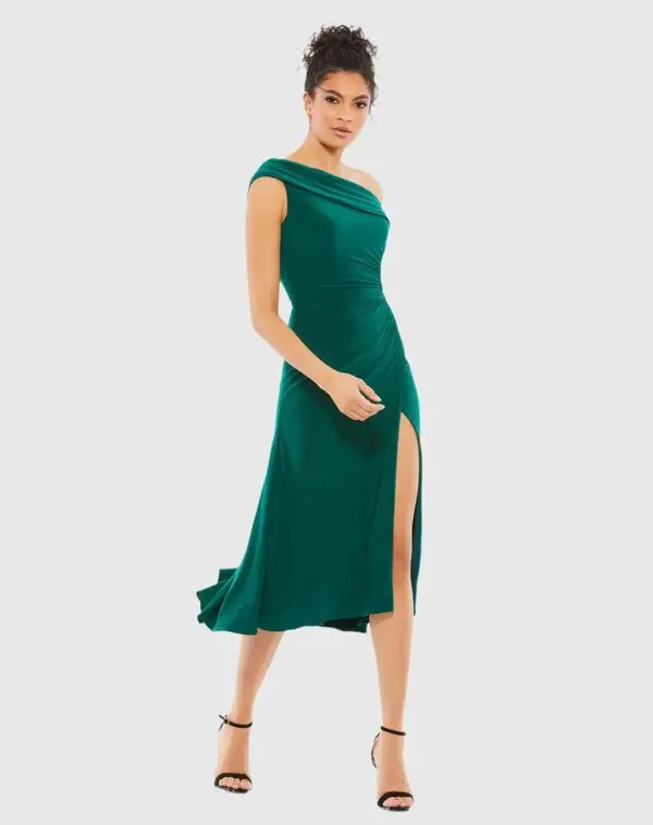 Mac Duggal Ruched Off-the-shoulder Midi Dress