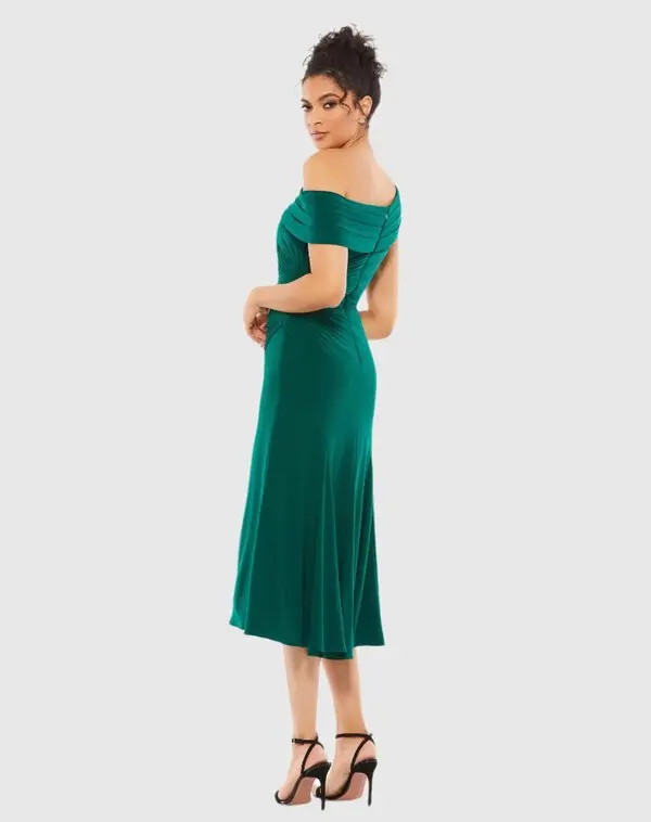 Mac Duggal Ruched Off-the-shoulder Midi Dress