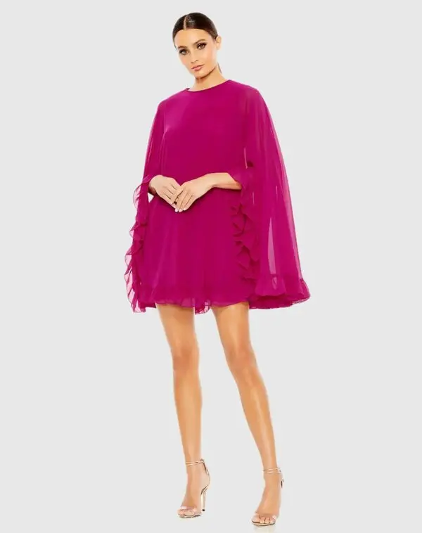 Mac Duggal High Neck Cape Mini Dress With Ruffle Hem - Pink