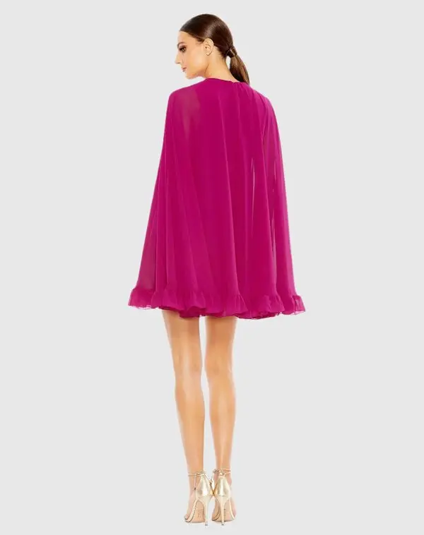 Mac Duggal High Neck Cape Mini Dress With Ruffle Hem - Pink