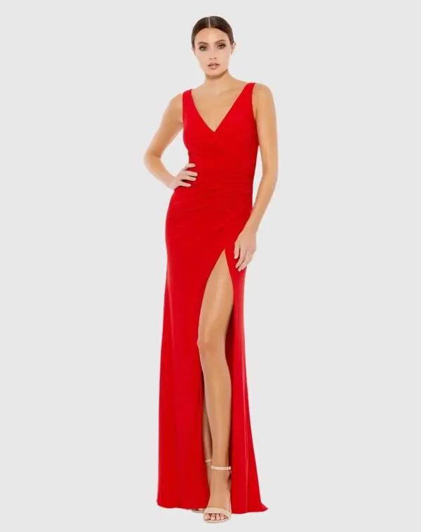 Mac Duggal Sleeveless Faux Wrap Gown - Red