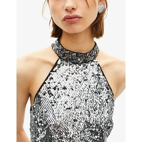 kooples silver dress Sleeveless Sequin-embellished Woven Mini Dress