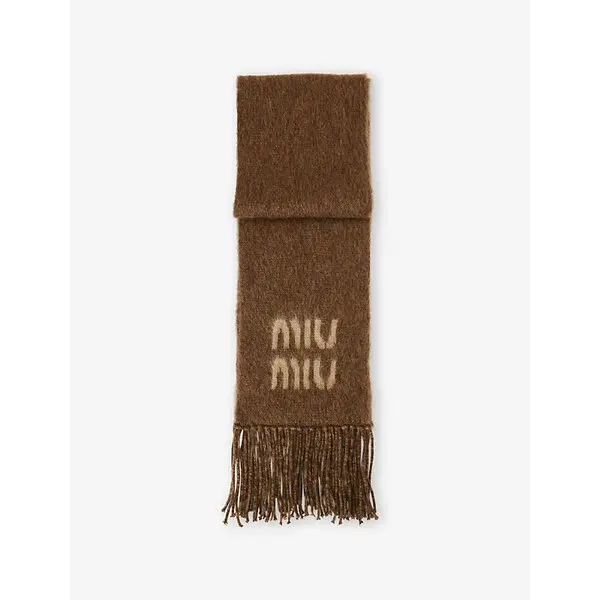 Miu Miu Logo-jacquard Fringed Mohair-blend Scarf - Tabacco