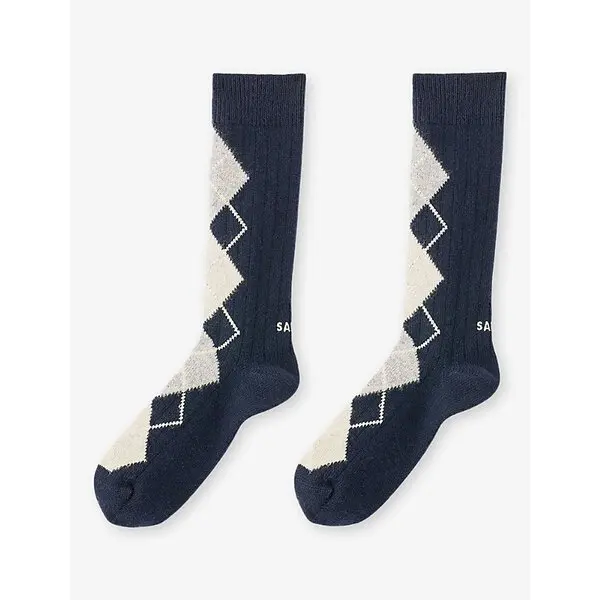 Sandro Argyle Rhinestone-embellished Stretch-knit Crew Socks - Navy Blue