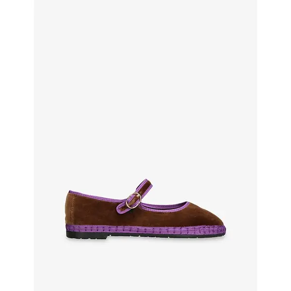 FLABELUS Archer Velvet Mary Jane Flats - Brown/oth