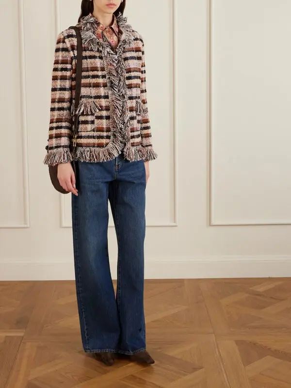 Etro Fringed Checked Tweed Jacket - Brown