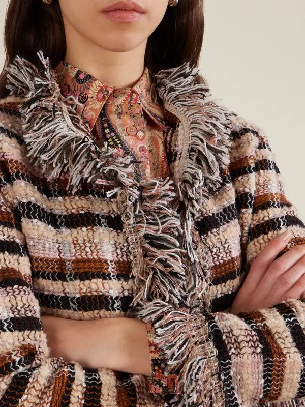Etro Fringed Checked Tweed Jacket - Brown