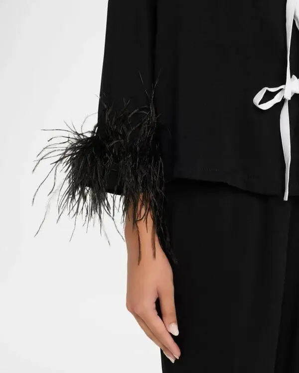 Sleeper Cropped Feather-cuff Viscose Pajama Set