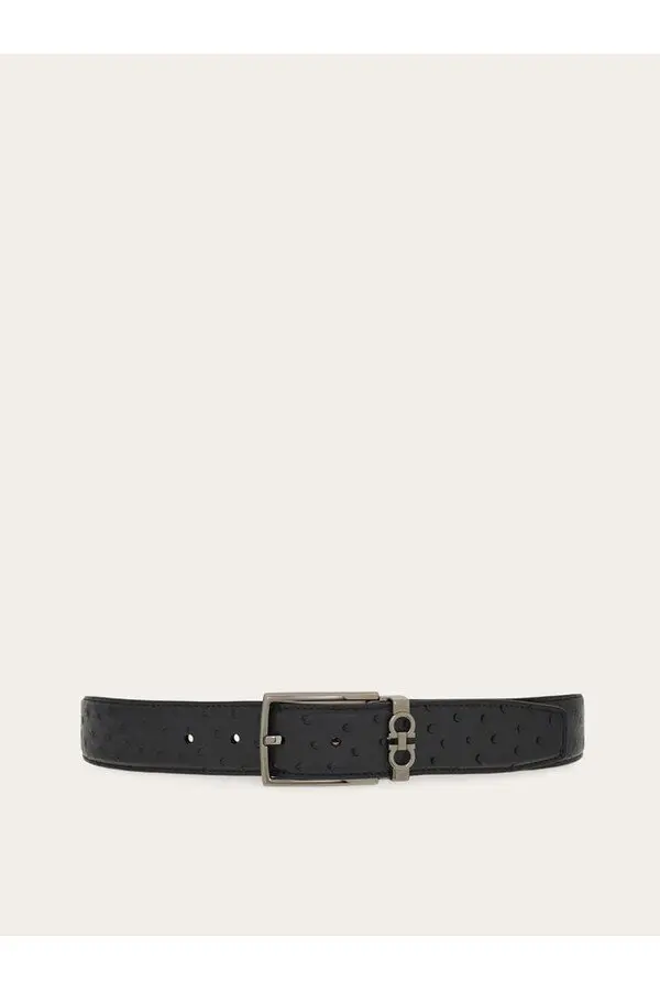 FERRAGAMO Adjustable Ostrich Leather Belt - Black