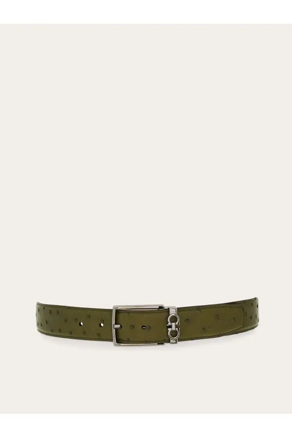 FERRAGAMO Adjustable Ostrich Leather Belt - Green