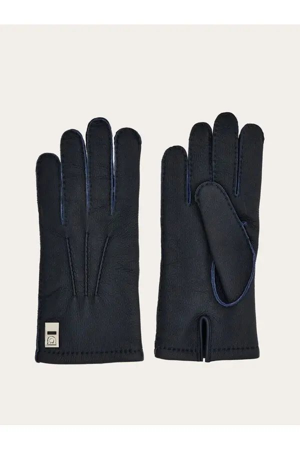 FERRAGAMO Lined Deerskin Gloves - Navy