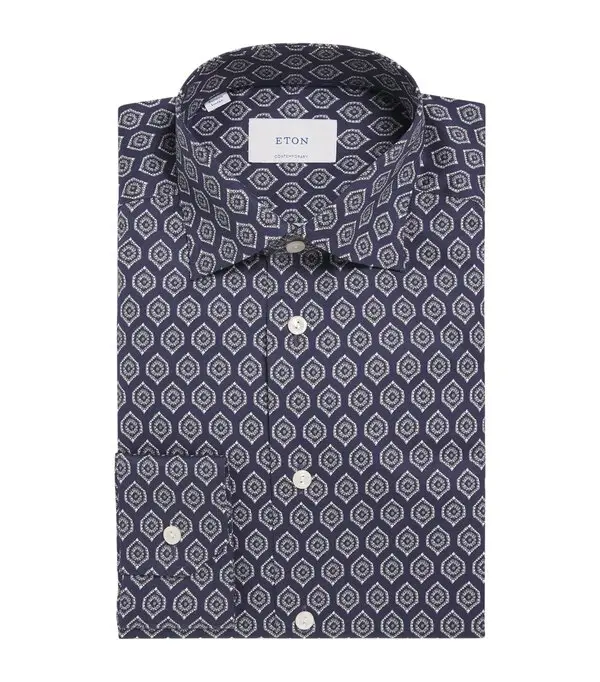 Eton Cotton Twill Geometric Print Contemporary Fit Shirt - Navy