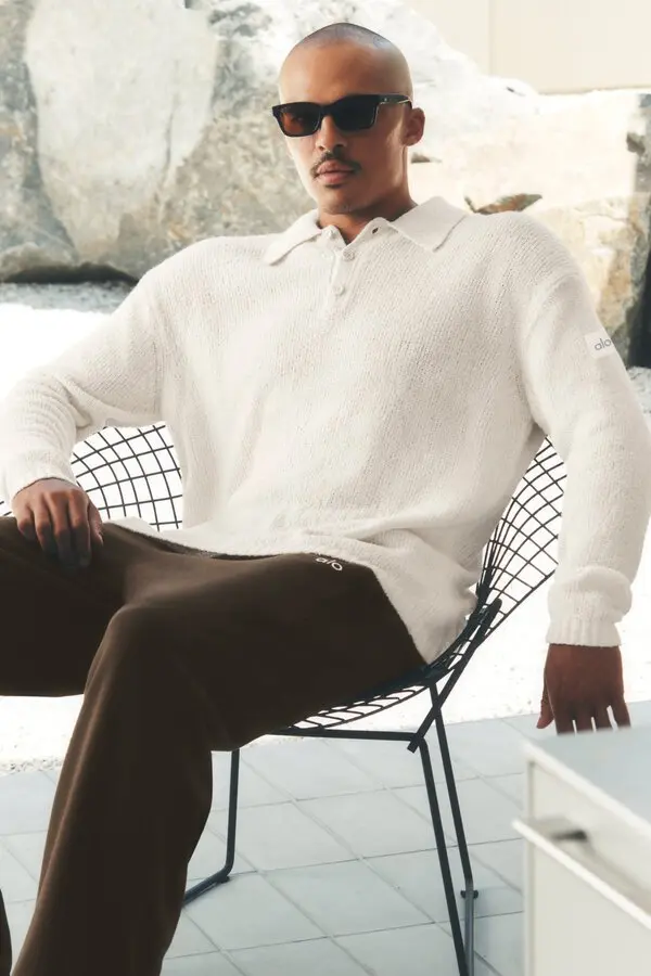 Alo Yoga Textured Knit Long Sleeve Polo Top - Ivory