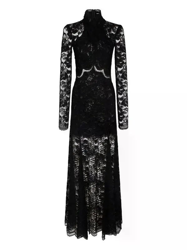 Rabanne Maxi Long-sleeved Lace Dress - Black