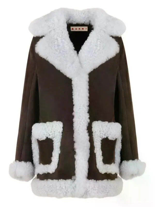 Marni Leather Jacket With Logo Patch And Fur Collar - Brown