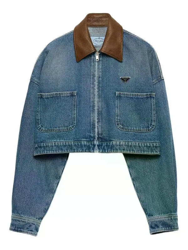 Prada Leather-collar Cropped Jacket - Blue