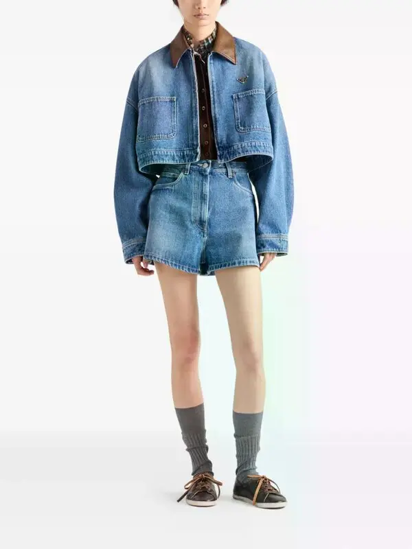 Prada Leather-collar Cropped Jacket - Blue