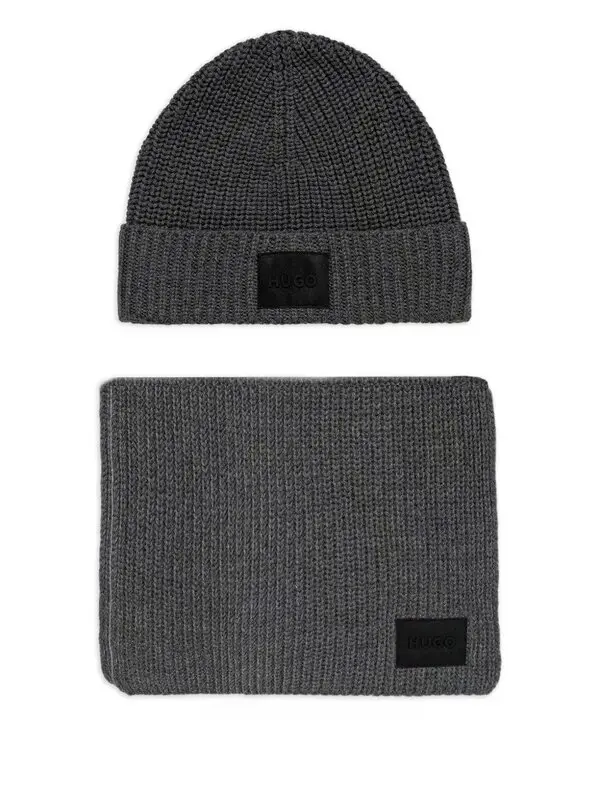 Hugo Ribbed Beanie And Scarf Set - Grey