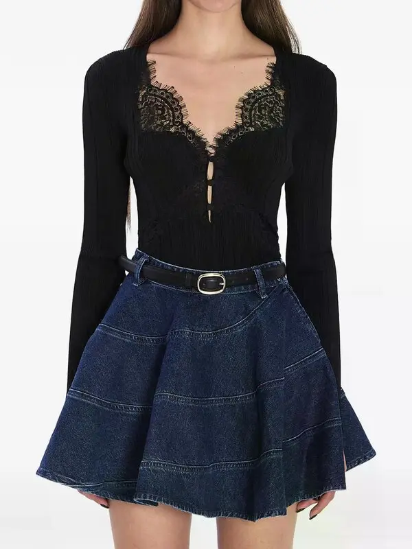 SELF-PORTRAIT Lace Button Top - Black