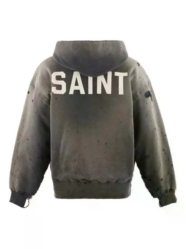 SAINT MXXXXXX Distressed Hoodie With Pouch Pocket - Grey