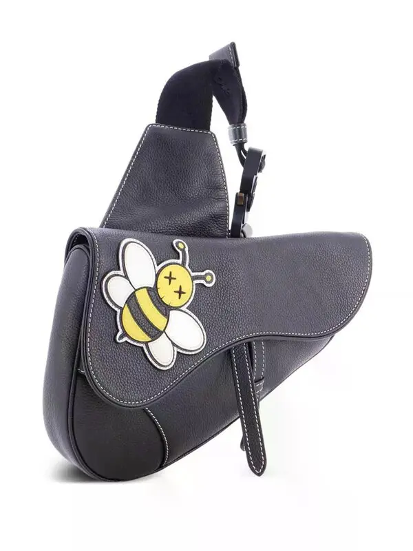 Dior Kaws Saddle Leather With Applique Crossbody Bag - Black