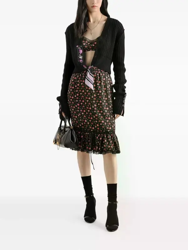 Dolce & Gabbana Floral Ruffled Hem Midi Skirt - Black