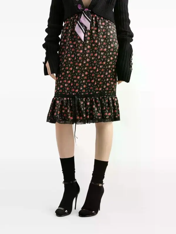 Dolce & Gabbana Floral Ruffled Hem Midi Skirt - Black