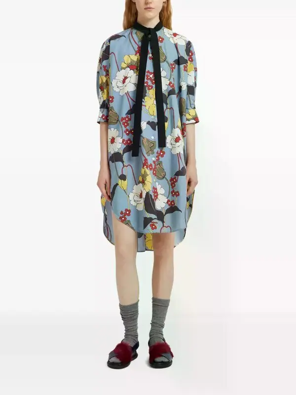 Marni Floral-Print Neck-Tie Dress - Blue | Editorialist