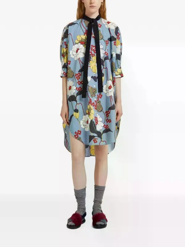 Marni Floral-print Neck-tie Dress - Blue