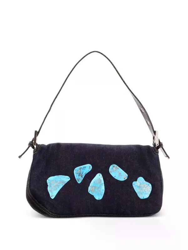 Fendi Baguette Embellished Denim Shoulder Bag - Blue