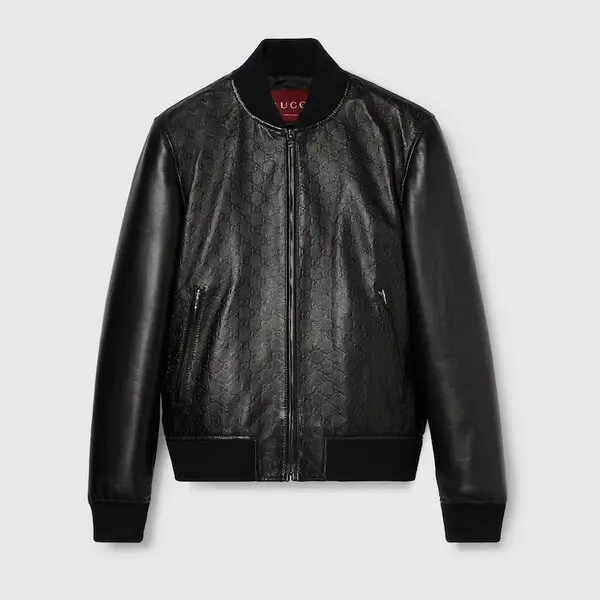 Gucci Embossed Gg Leather Bomber Jacket - Black
