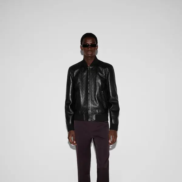 Gucci Embossed Gg Leather Bomber Jacket - Black