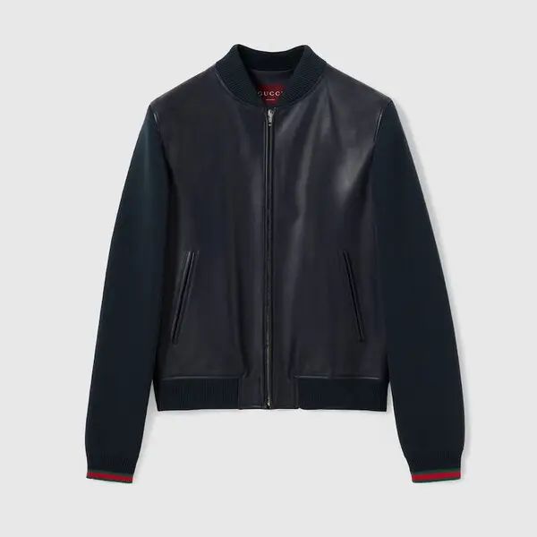 Gucci Nappa Leather And Knit Bomber Jacket - Blue