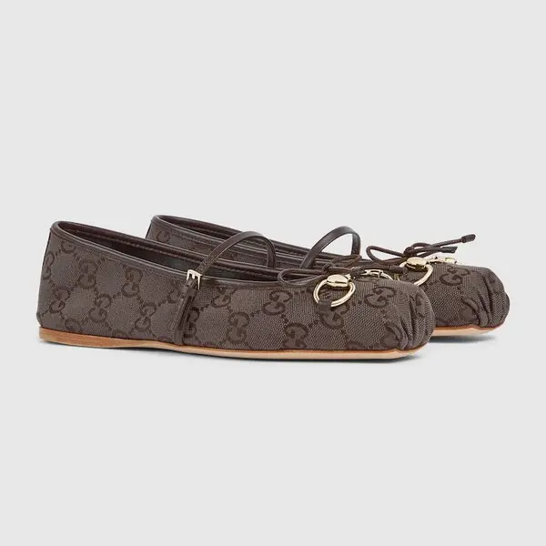 Gucci Horsebit Gg Canvas Ballet Flats - Brown
