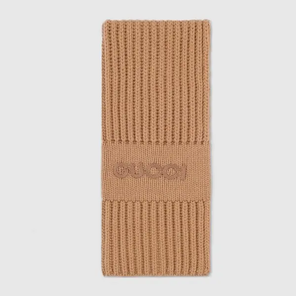 Gucci Wool Cashmere Scarf With Embroidery - Beige