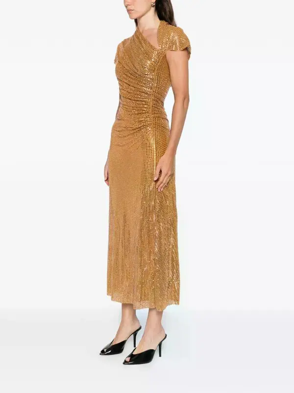 self portrait dress gold Gold Rhinestone Drape Midi Dress