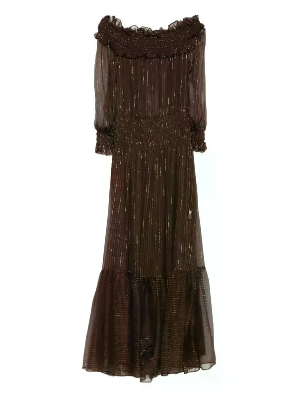 SELF-PORTRAIT Georgette Maxi Dress With Metallic Pinstripes And Off-the-shoulder Neckline - Brown