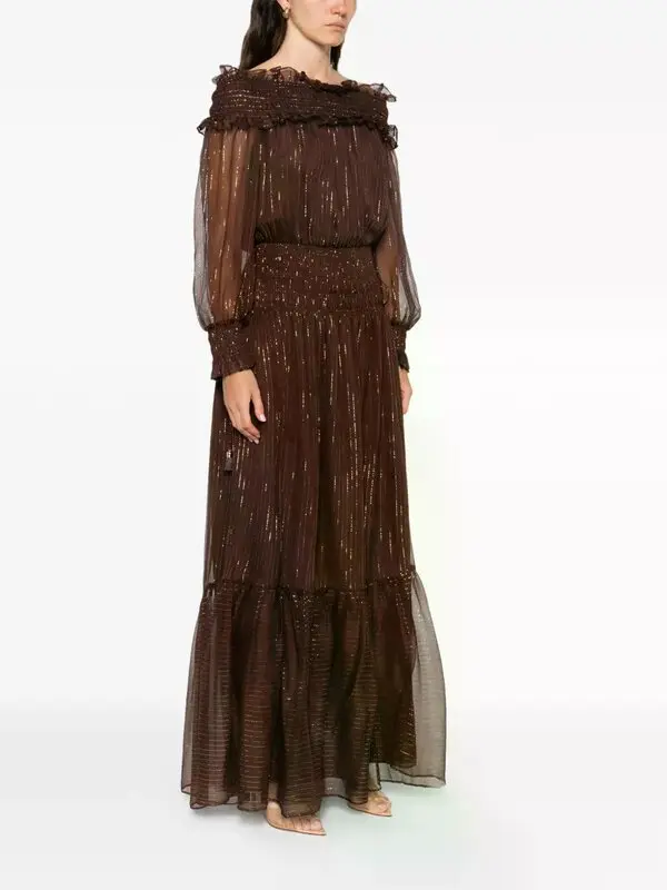 SELF-PORTRAIT Georgette Maxi Dress With Metallic Pinstripes And Off-the-shoulder Neckline - Brown