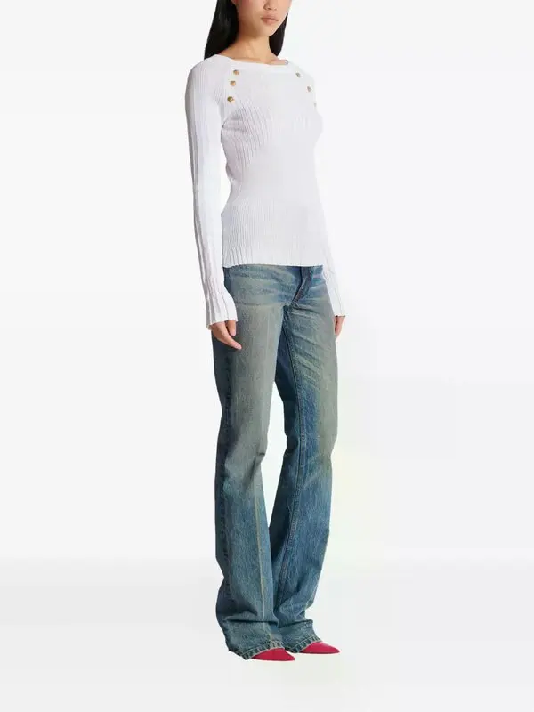 Balmain Ribbed Button Top - White