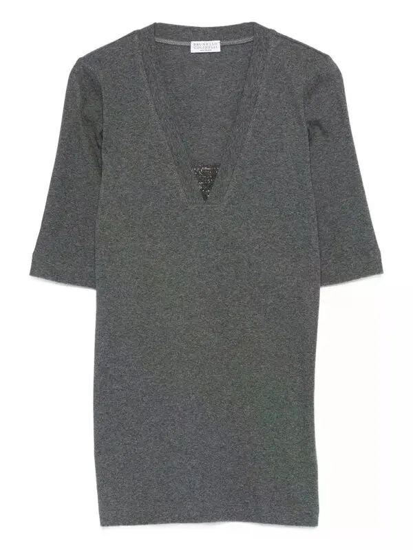 Brunello Cucinelli V-neck Embellished T-shirt - Grey