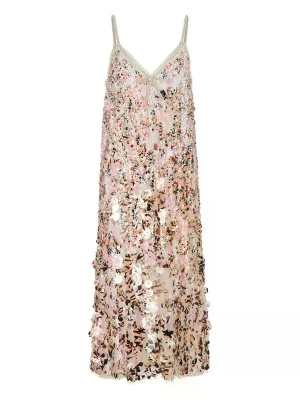 Marni Mesh Midi Dress With Mixed Sequins And Rhinestone Straps - Neutrals