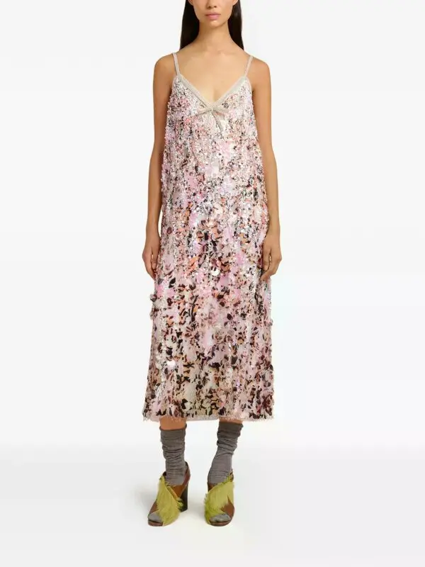 Marni Mesh Midi Dress With Mixed Sequins And Rhinestone Straps - Neutrals