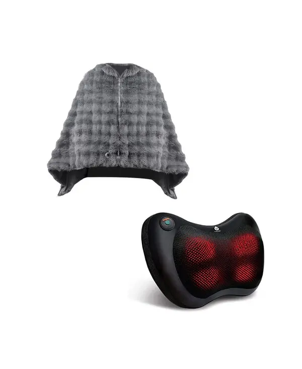 PURSONIC Ultimate Comfort & Relaxation Bundle: Heated Plush Shawl + Shiatsu Neck & Back Massager - Grey