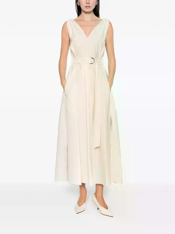 Brunello Cucinelli Belted V-neck Midi Dress - Neutrals