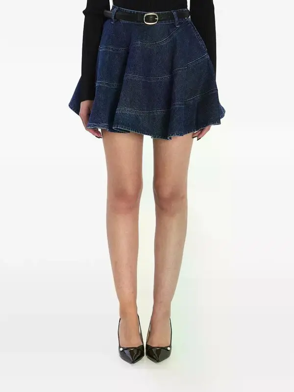 SELF-PORTRAIT Flared Denim Mini Skirt - Blue