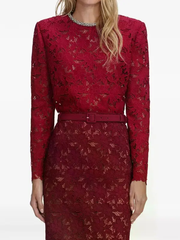 SELF-PORTRAIT Floral-relief Lace Midi Skirt - Red