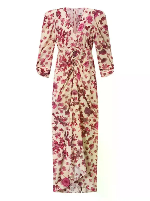 Isabel Marant Étoile Rose Print Gathered Stretch Silk Midi Dress - Neutrals